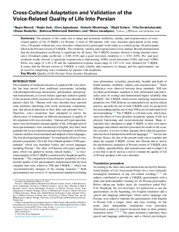 (PDF) Cross-Cultural Adaptation and Validation of the Voice Handicap Index Into Croatian