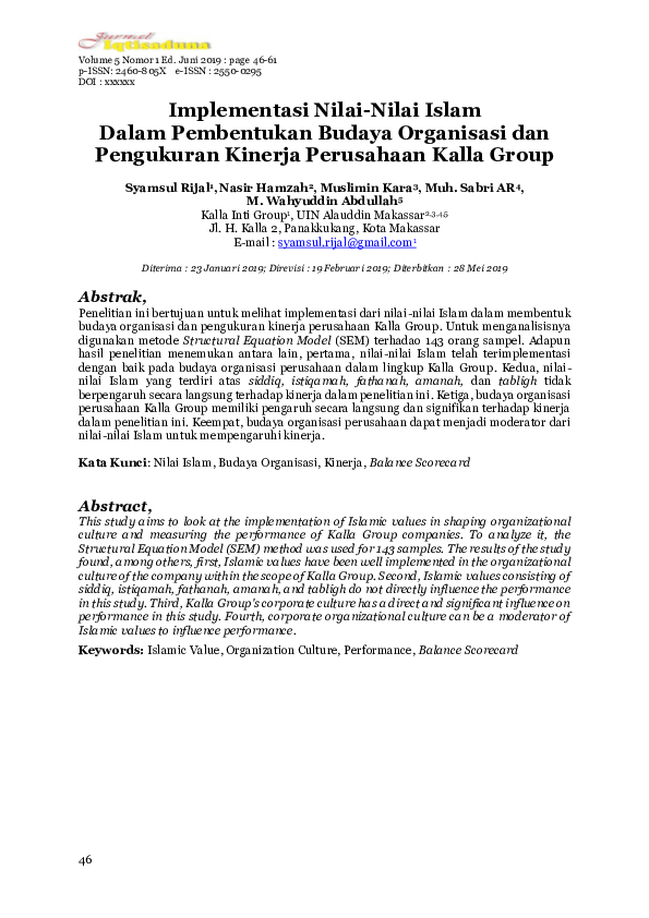 (PDF) Implementasi Nilai-Nilai Islam Dalam Pembentukan Budaya Organisasi Dan Pengukuran Kinerja ...