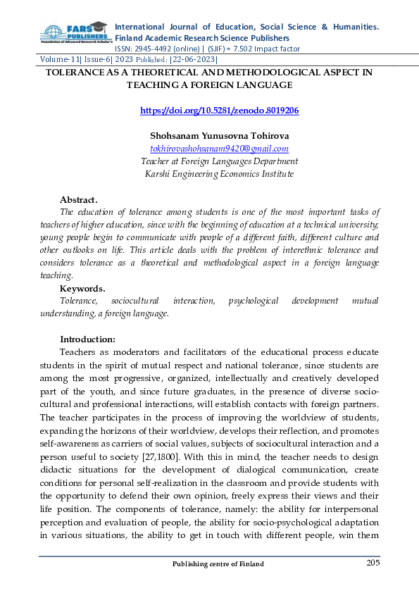 (PDF) Tolerance as a Theoretical and Methodological Aspect in Teaching a Foreign Language