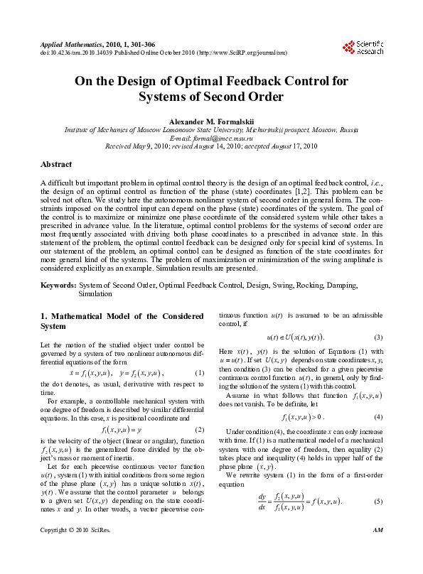 (PDF) On the Design of Optimal Feedback Control for Systems of Second Order