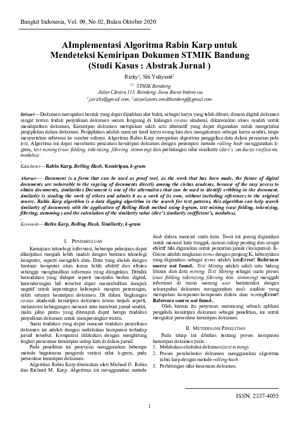 (PDF) Implementasi Algoritma Rabin Karp Untuk Mendeteksi Kemiripan Dokumen Stmik Bandung