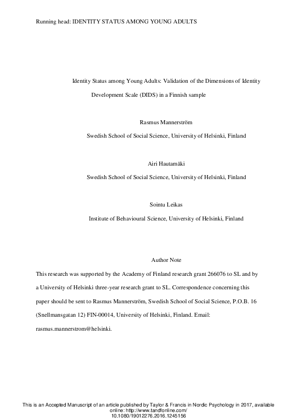 (PDF) Identity status among young adults: Validation of the Dimensions ...