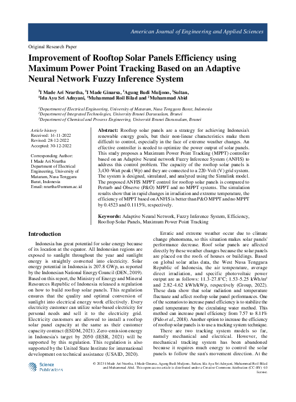 (PDF) Improvement of Rooftop Solar Panels Efficiency using Maximum Power Point Tracking Based on ...