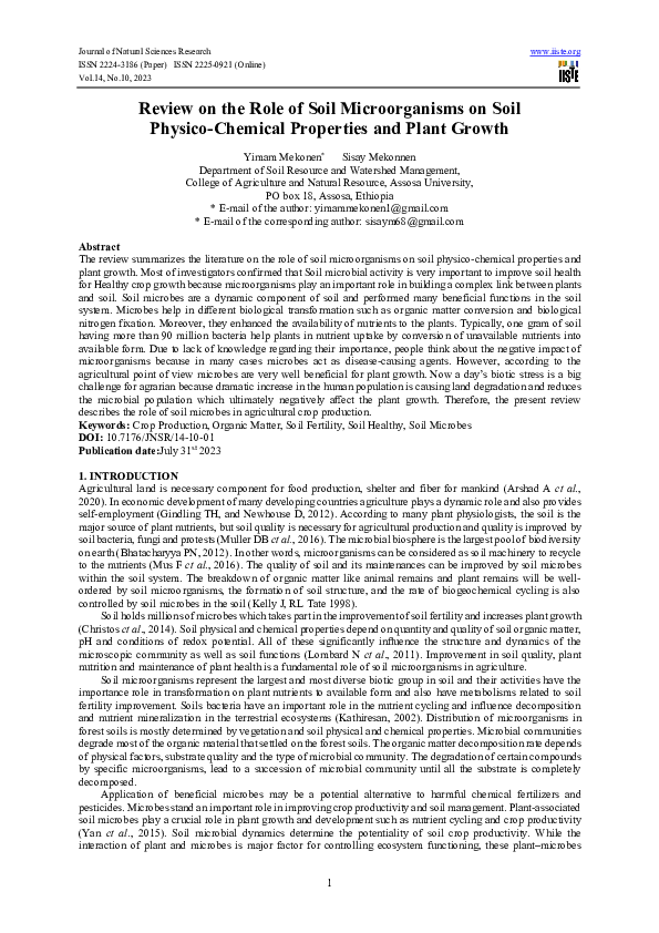 (PDF) Review on the Role of Soil Microorganisms on Soil Physico-Chemical Properties and Plant Growth
