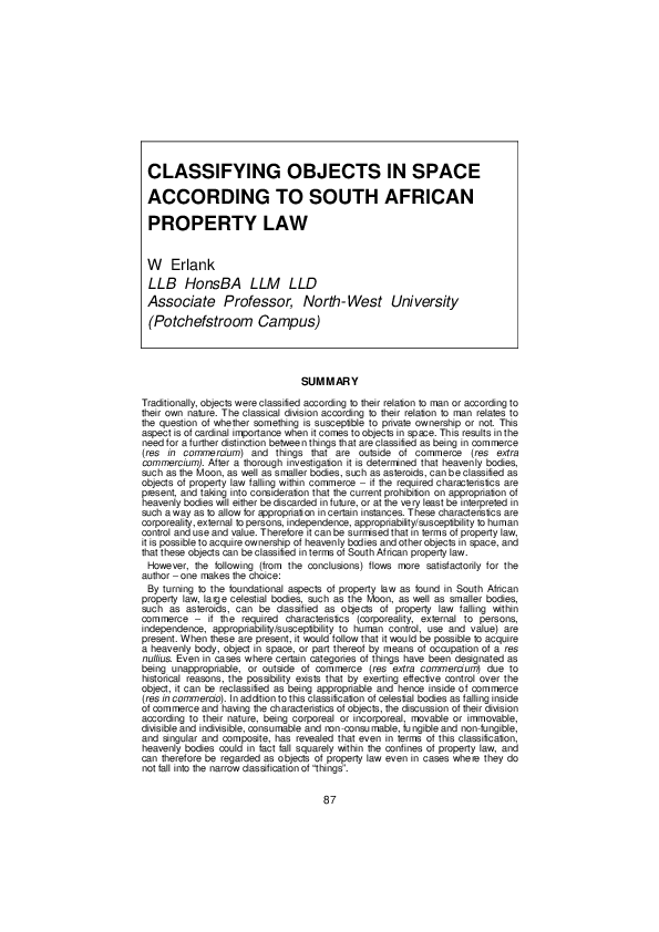 (PDF) Classifying Objects in Space According to South African Property Law | Wian Erlank ...