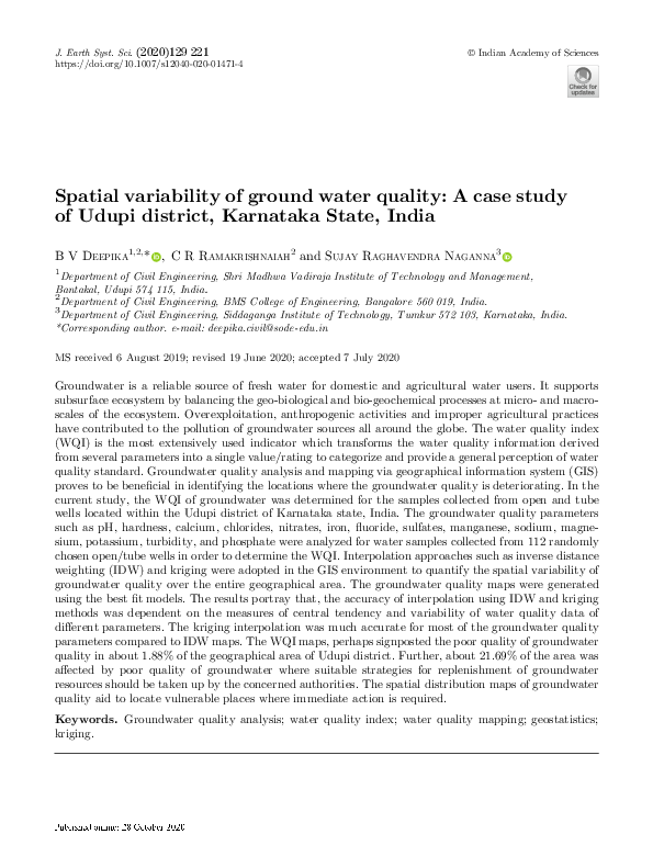 (PDF) Spatial variability of ground water quality: a case study of Udupi district, Karnataka ...