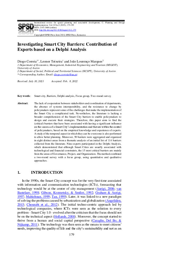 (PDF) Investigating Smart City Barriers: Contribution of Experts based on a Delphi Analysis