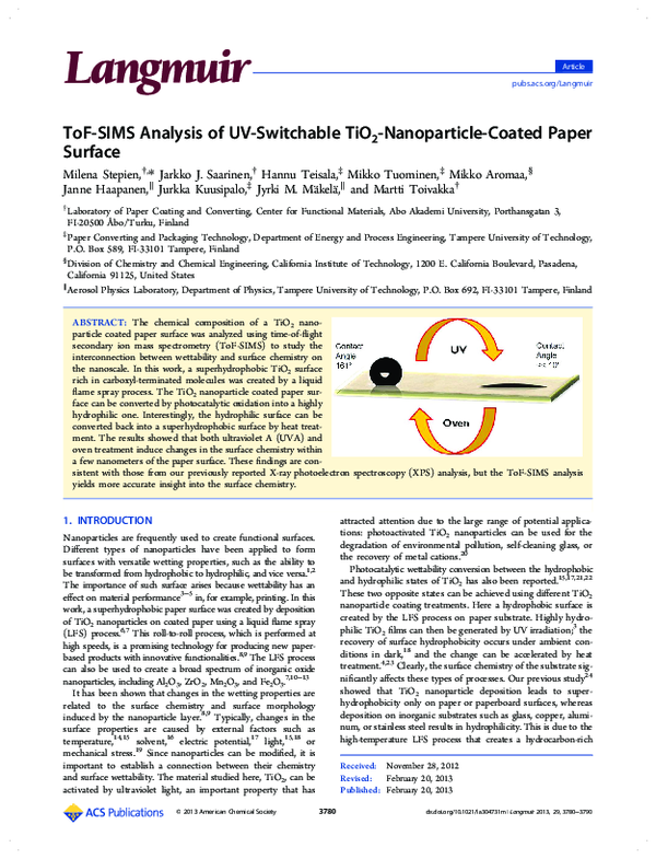 (PDF) ToF-SIMS Analysis of UV-Switchable TiO2-Nanoparticle-Coated Paper Surface