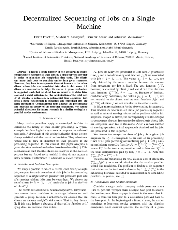 (PDF) Decentralized sequencing of jobs on a single machine