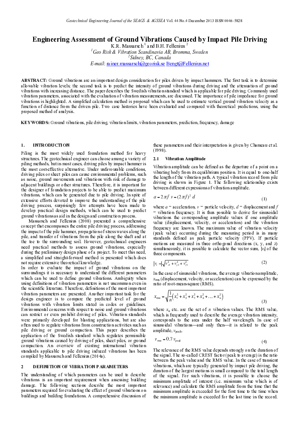 (PDF) Engineering Assessment of Ground Vibrations Caused by Impact Pile Driving