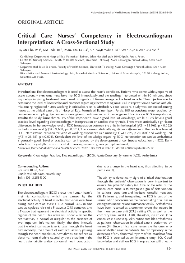 (PDF) Critical Care Nurses’ Competency in Electrocardiogram Interpretation: A Cross-Sectional Study