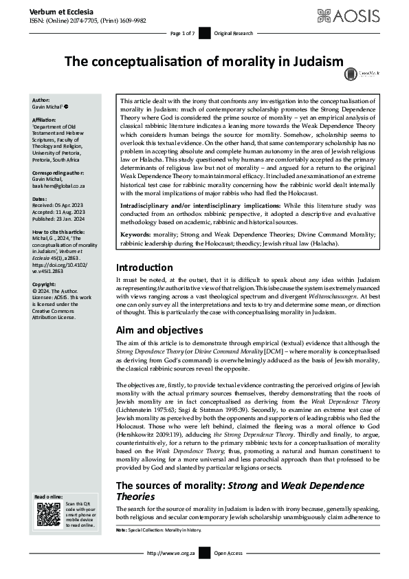 (PDF) The conceptualisation of morality in Judaism: Gavin Michal