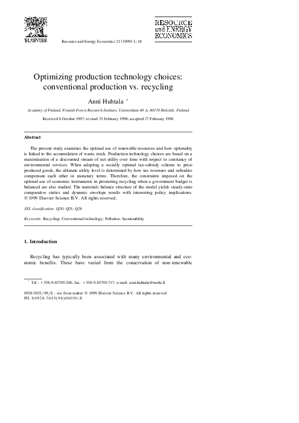 (PDF) Optimizing production technology choices: conventional production vs. recycling