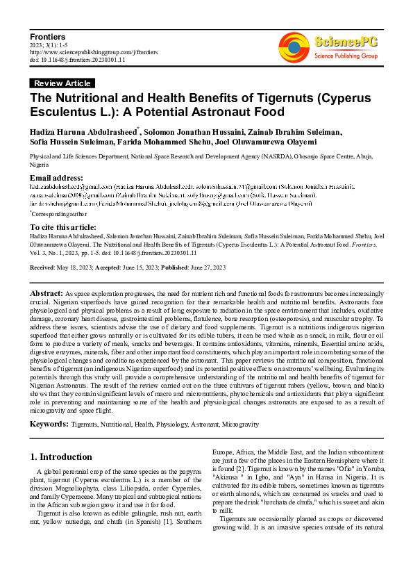 (PDF) The Nutritional and Health Benefits of Tigernuts (Cyperus Esculentus L.): A Potential ...