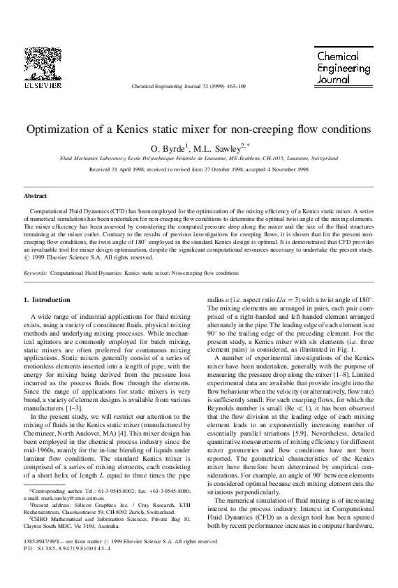 (PDF) Optimization of a Kenics static mixer for non-creeping flow ...