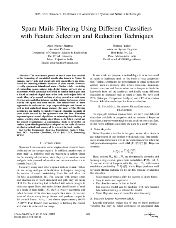 Pdf Spam Mails Filtering Using Different Classifiers With Feature Selection And Reduction