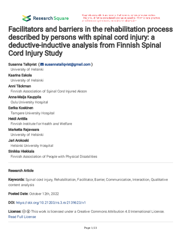 (PDF) Facilitators and barriers in the rehabilitation process described by persons with spinal ...