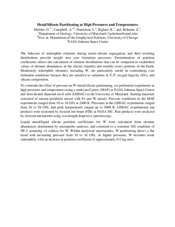 (PDF) Metal/Silicate Partitioning at High Pressures and Temperatures