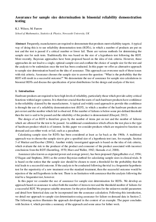 Pdf Assurance For Sample Size Determination In Binomial Reliability Demonstration Testing