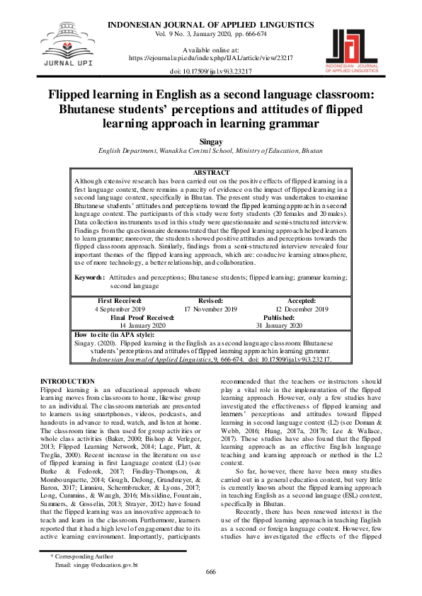(PDF) Flipped learning in the English as a second language classroom: Bhutanese students ...