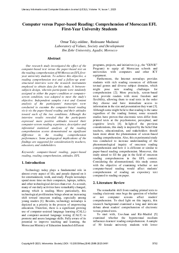 (PDF) Computer versus Paper-based Reading: Comprehension of Moroccan EFL First-Year University ...
