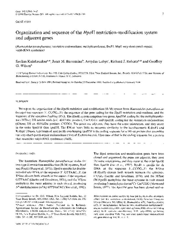 (PDF) Organization and sequence of the HpaII restriction-modification ...