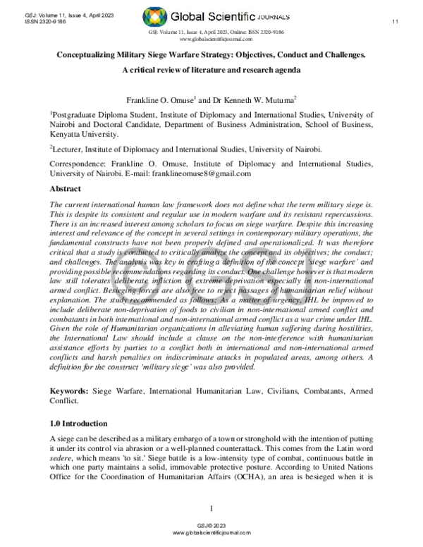 (PDF) Conceptualizing Military Siege Warfare Strategy: Objectives, Conduct and Challenges. A ...