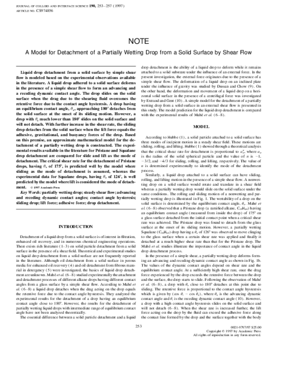 (PDF) A Model for Detachment of a Partially Wetting Drop from a Solid ...