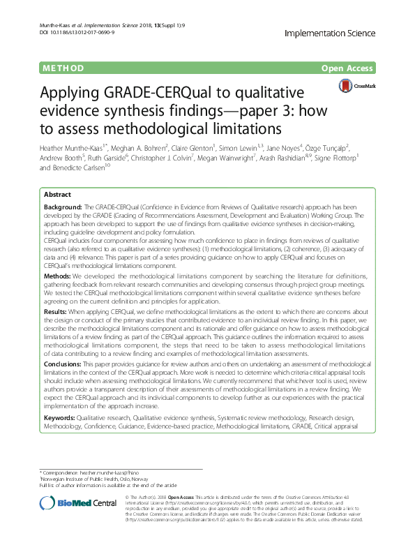 (PDF) Applying GRADE-CERQual to qualitative evidence synthesis findings—paper 3: how to assess ...