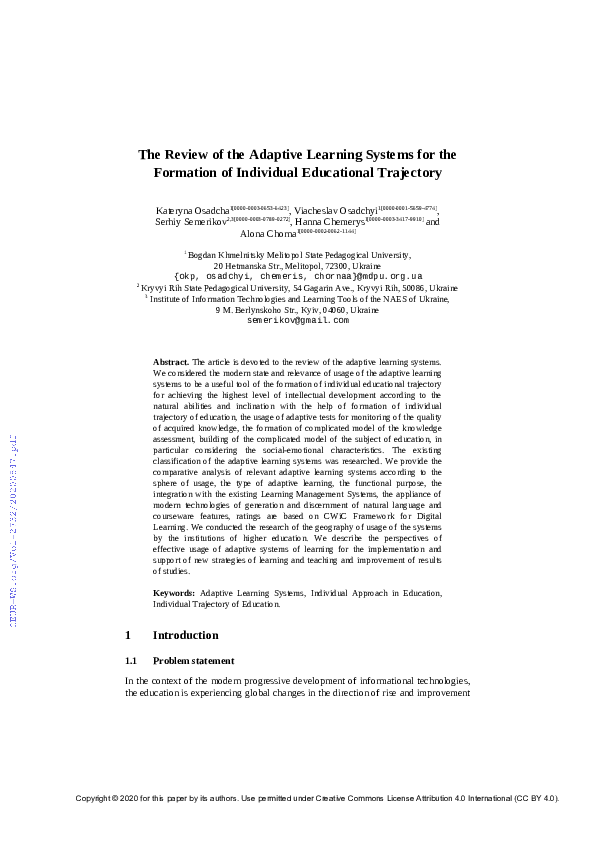 (PDF) The Review of the Adaptive Learning Systems for theFormation of ...