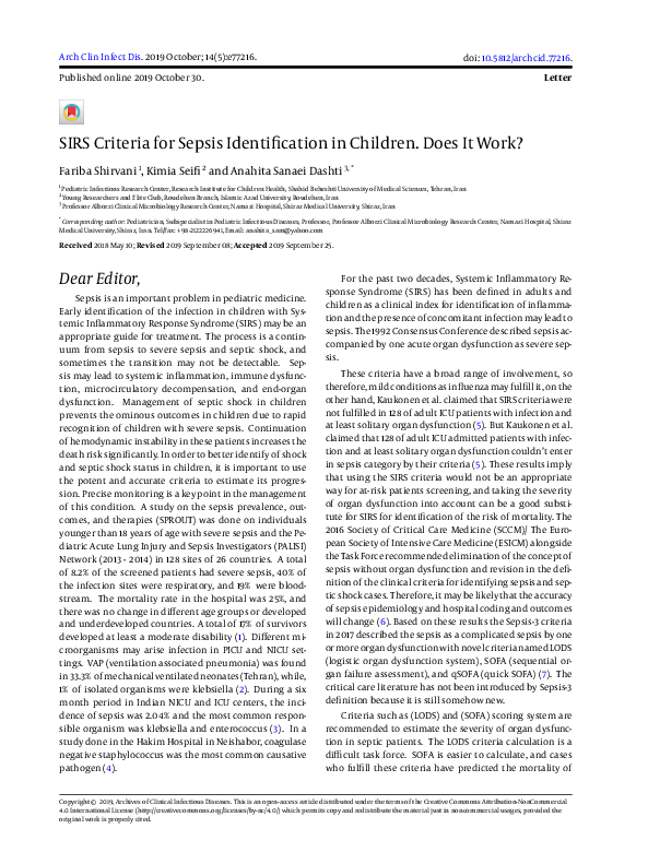 (PDF) Evaluating SIRS for Pediatric Sepsis Diagnosis