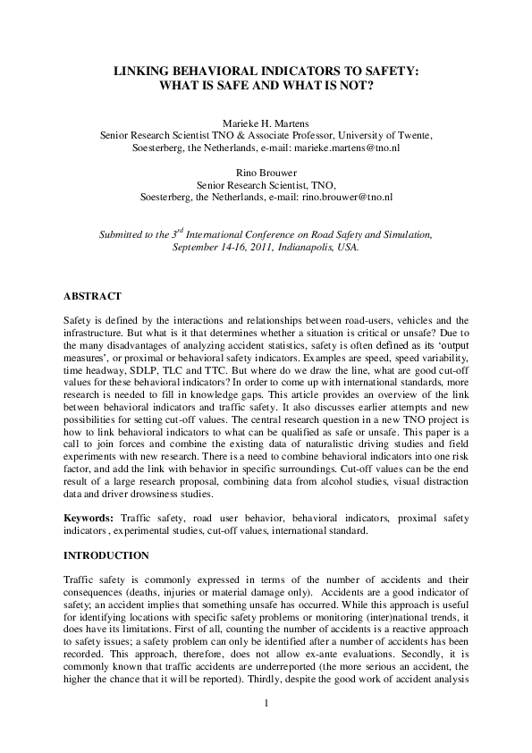 (PDF) Linking Behavioral Indicators to Safety: What Is Safe and What Is Not?