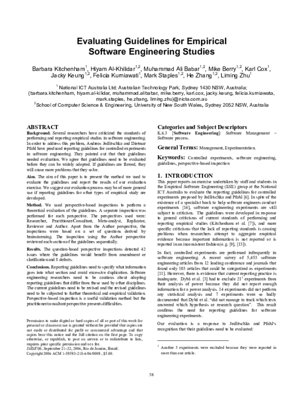 (PDF) 2006) ‘Evaluating Guidelines for Empirical Software Engineering