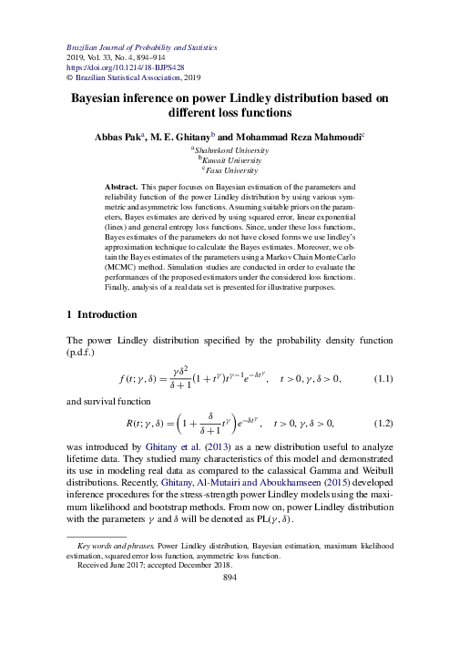 (PDF) Bayesian inference on power Lindley distribution based on different loss functions