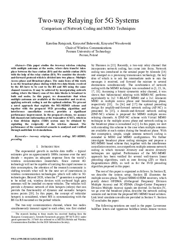 Pdf Two Way Relaying For 5g Systems Comparison Of Network Coding And Mimo Techniques