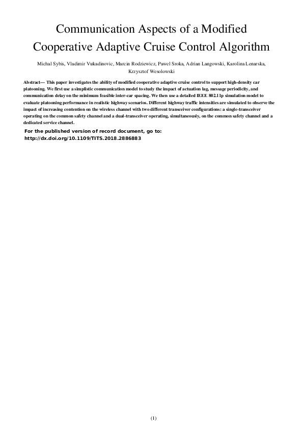 (PDF) Communication Aspects of a Modified Cooperative Adaptive Cruise Control Algorithm