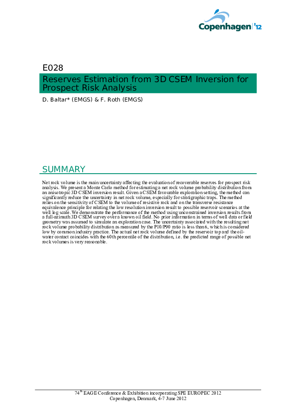 (PDF) Reserves Estimation from 3D CSEM Inversion for Prospect Risk Analysis