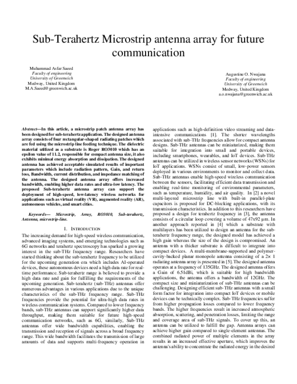 (PDF) Sub-terahertz microstrip antenna array for future communication