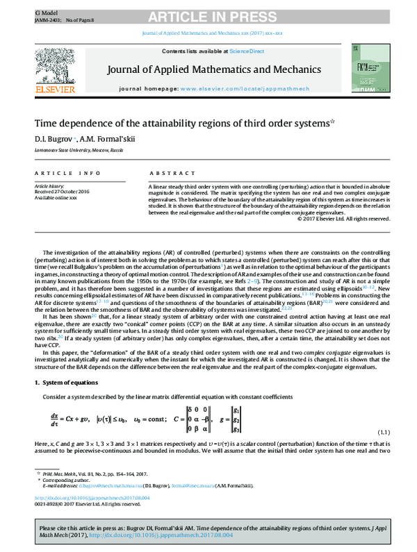 (PDF) Time dependence of the attainability regions of third order systems