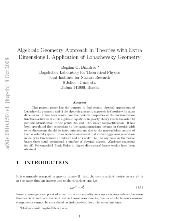 (PDF) Algebraic Geometry Approach in Theories with Extra Dimensions I ...