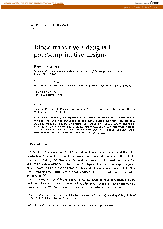 (PDF) Block-transitive t-designs I: point-imprimitive designs