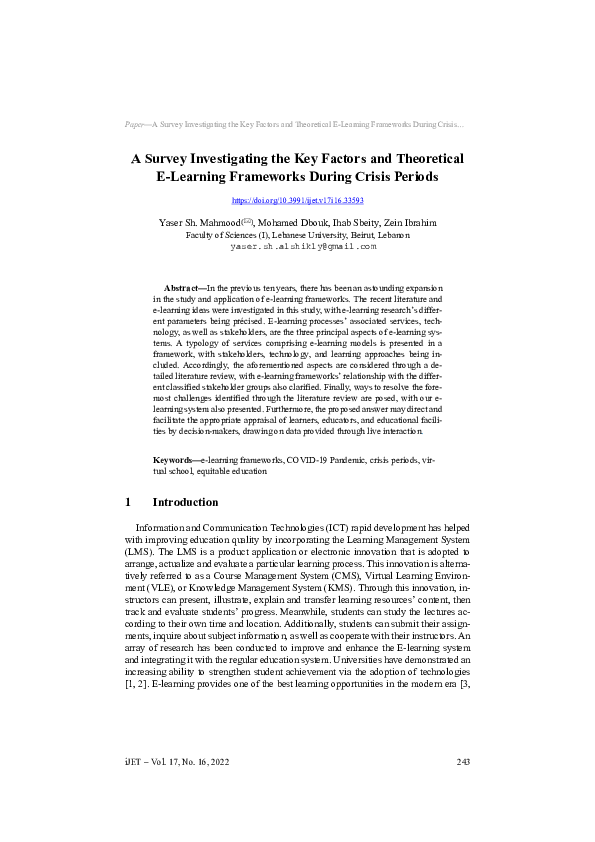 (PDF) A Survey Investigating the Key Factors and Theoretical E-Learning Frameworks During Crisis ...