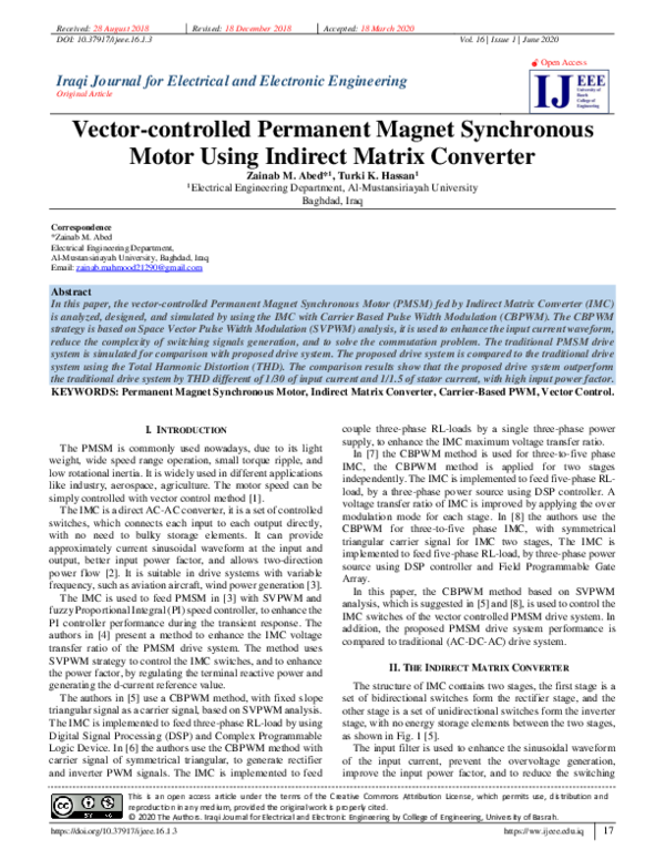 Vector Controlled Permanent Magnet Synchronous Motor Using Indirect Matrix Converter