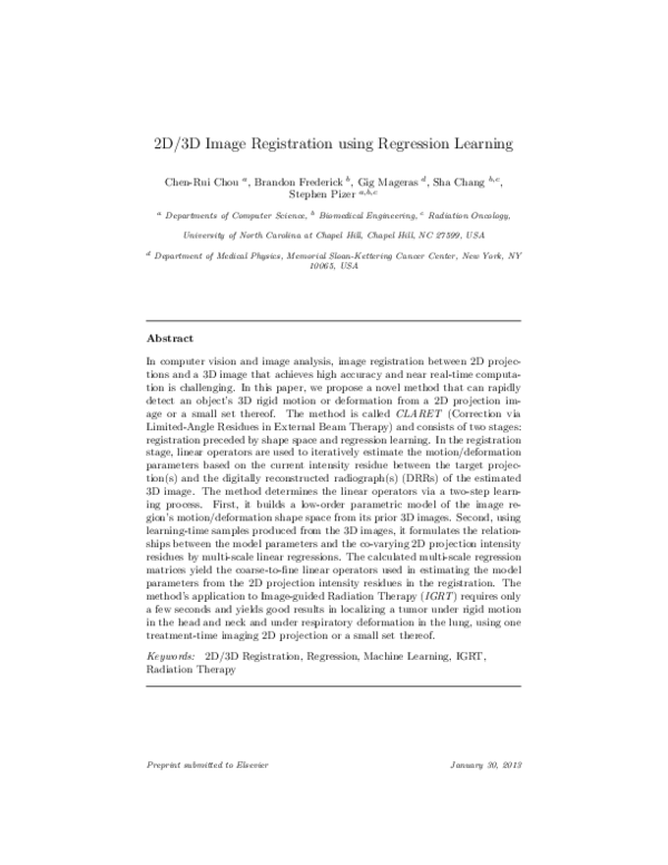 (PDF) 2D/3D image registration using regression learning
