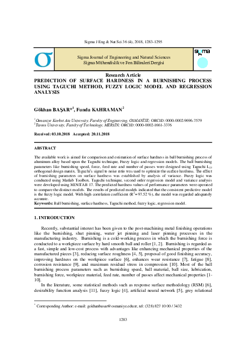Pdf Prediction Of Surface Hardness In A Burnishing Process Using Taguchi Method Fuzzy Logic