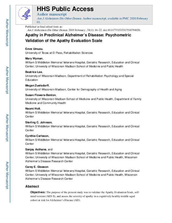 (PDF) Apathy in Preclinical Alzheimer’s Disease: Psychometric ...