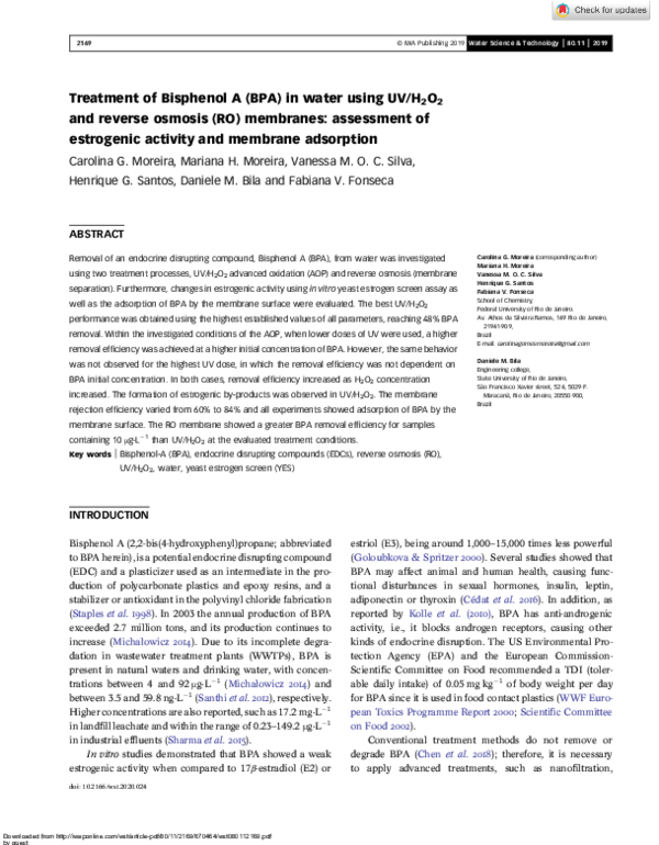 (PDF) Treatment of Bisphenol A (BPA) in water using UV/H2O2 and reverse ...