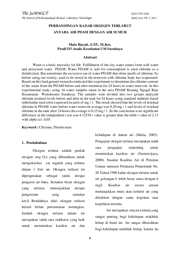 (PDF) Perbandingan Kadar Oksigen Terlarut Antara Air Pdam Dengan Air Sumur