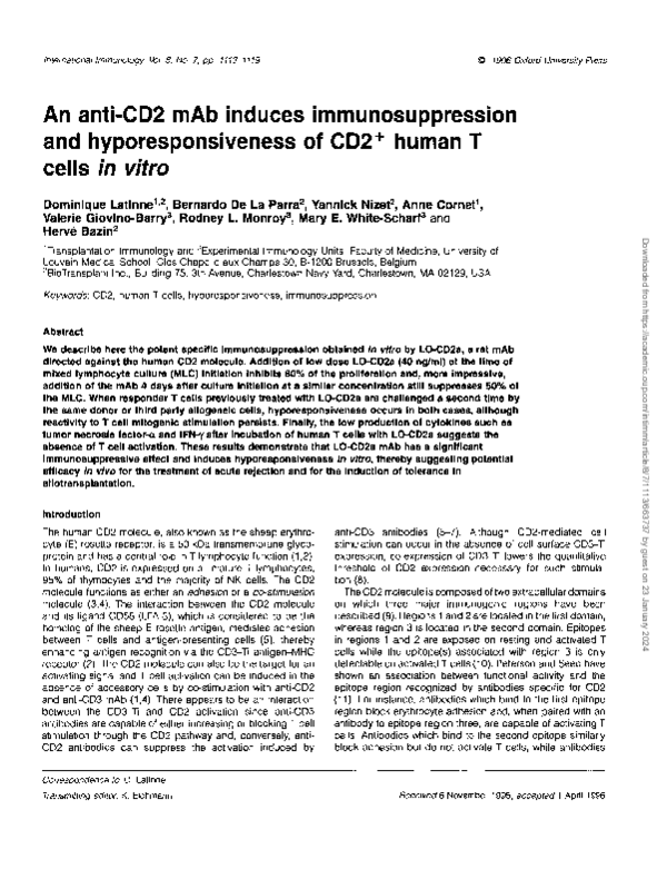 (PDF) An anti-CD2 mAb induces immunosuppression and hyporesponsiveness of CD2+ human T cells in ...
