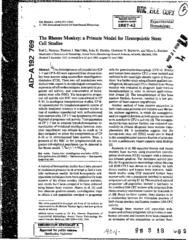 (PDF) The rhesus monkey: a primate model for hemopoietic stem cell studies